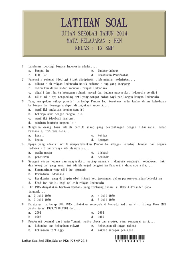 Latihan Soal Ujian Sekolah PKn Kelas IX Tahun 2014 | PDF