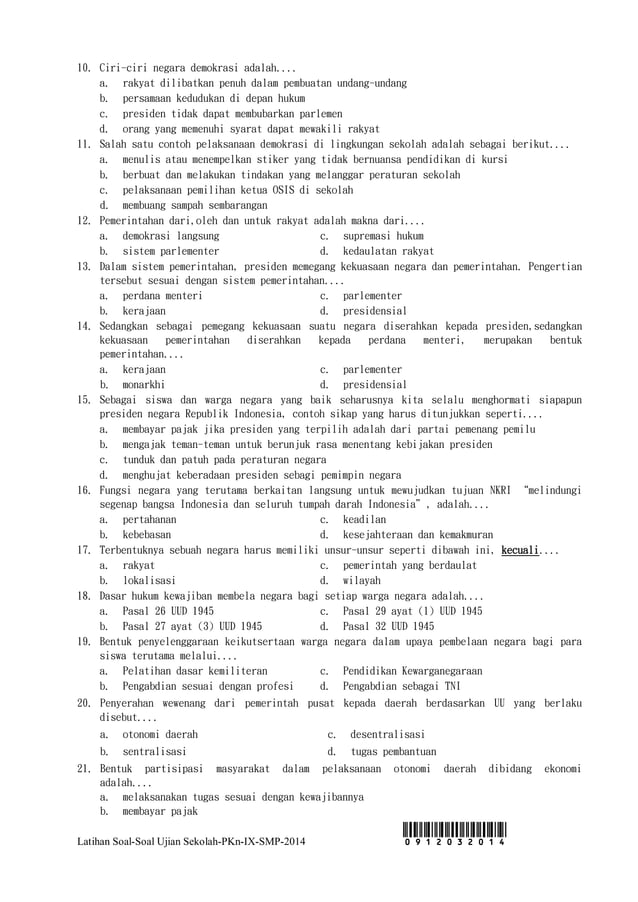 Latihan Soal Ujian Sekolah PKn Kelas IX Tahun 2014 | PDF