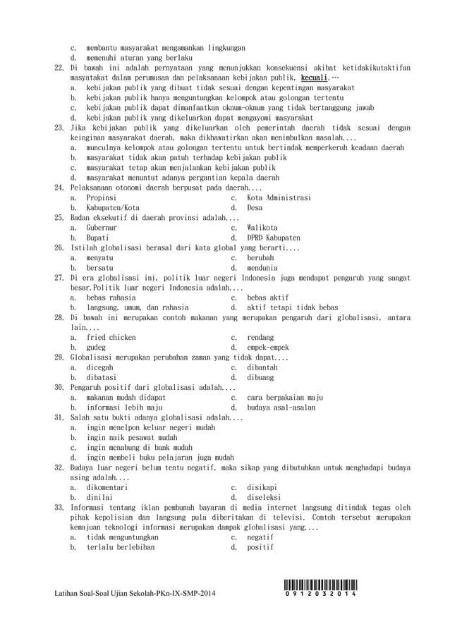 Latihan Soal Ujian Sekolah PKn Kelas IX Tahun 2014 | PDF