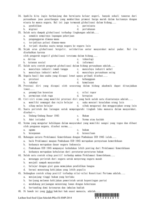 Latihan Soal Ujian Sekolah PKn Kelas IX Tahun 2014 | PDF