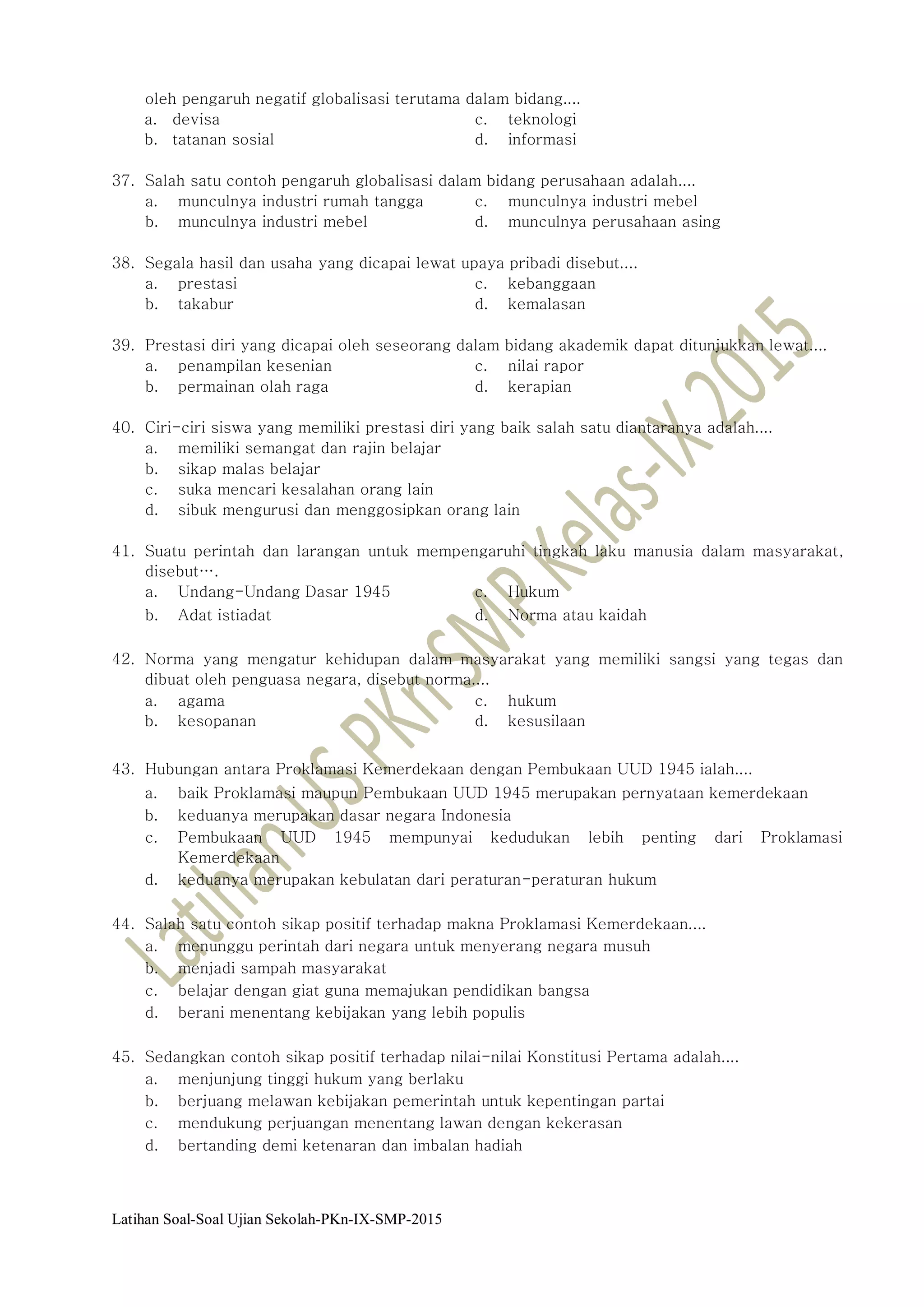 Latihan Soal Ujian Sekolah PKN SMP Kelas IX 2015 pkn smp | PDF