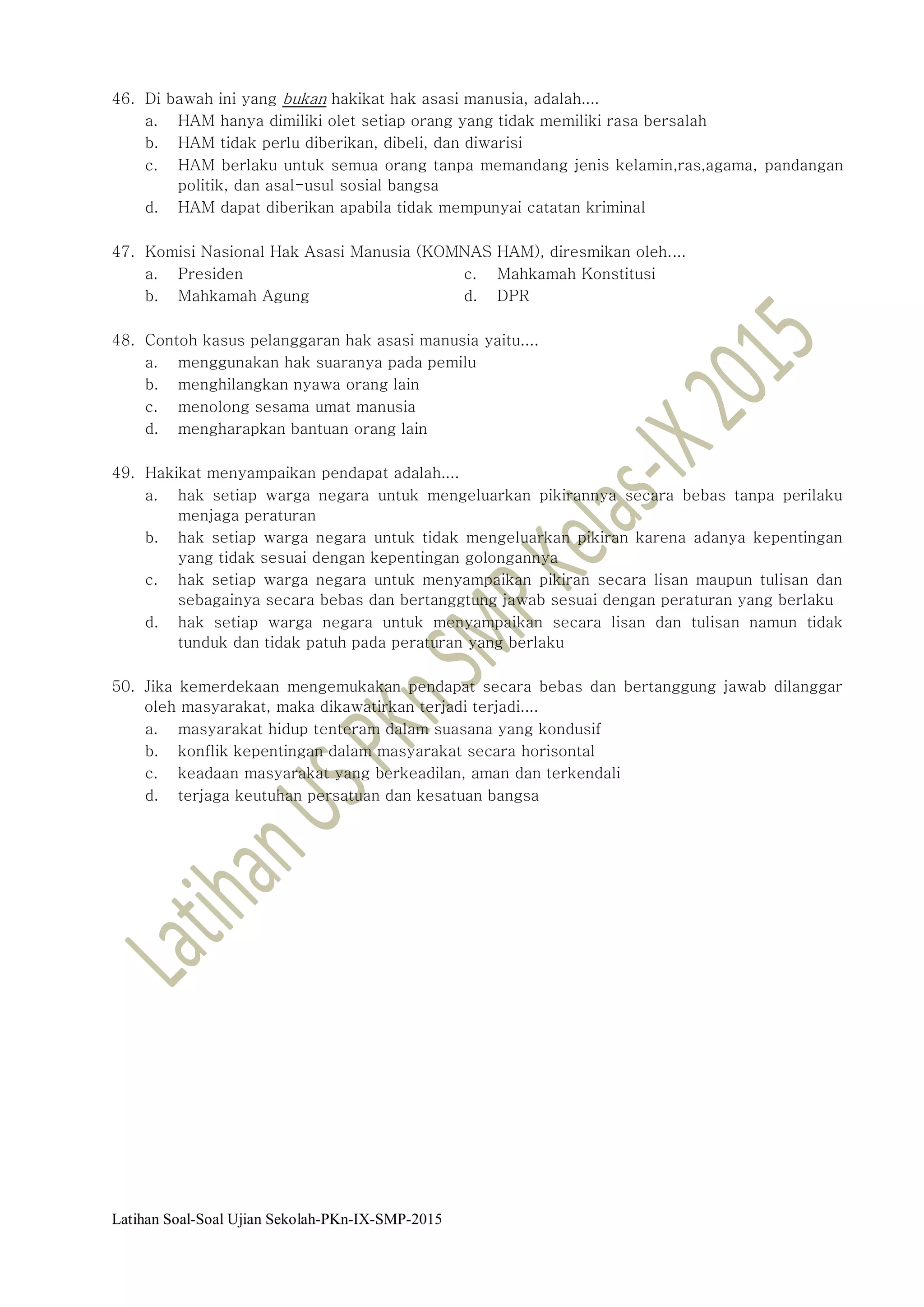 Latihan Soal Ujian Sekolah PKN SMP Kelas IX 2015 pkn smp | PDF