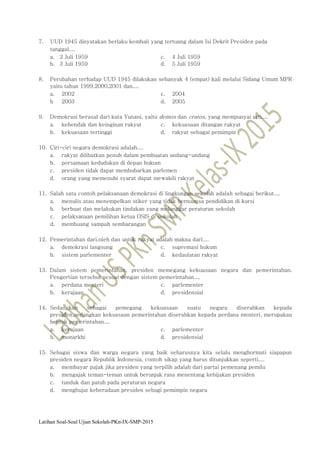 Latihan Soal Ujian Sekolah PKN SMP Kelas IX 2015 pkn smp | PDF