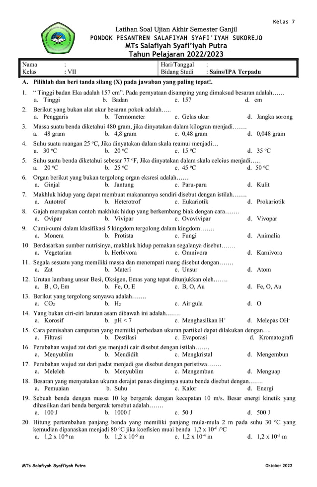 Latihan Soal Ujian Sem Ganjil IPA Kelas 7 MTs Salsyaf Pa Okt 2022.pdf