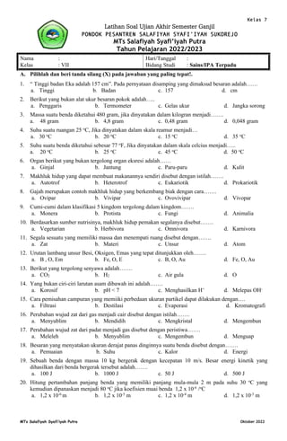 Latihan Soal Ujian Akhir Semester Ganjil Kelas 7 MTs Salafiyah Syafi’iyah Putra Oktober 2022 | PDF