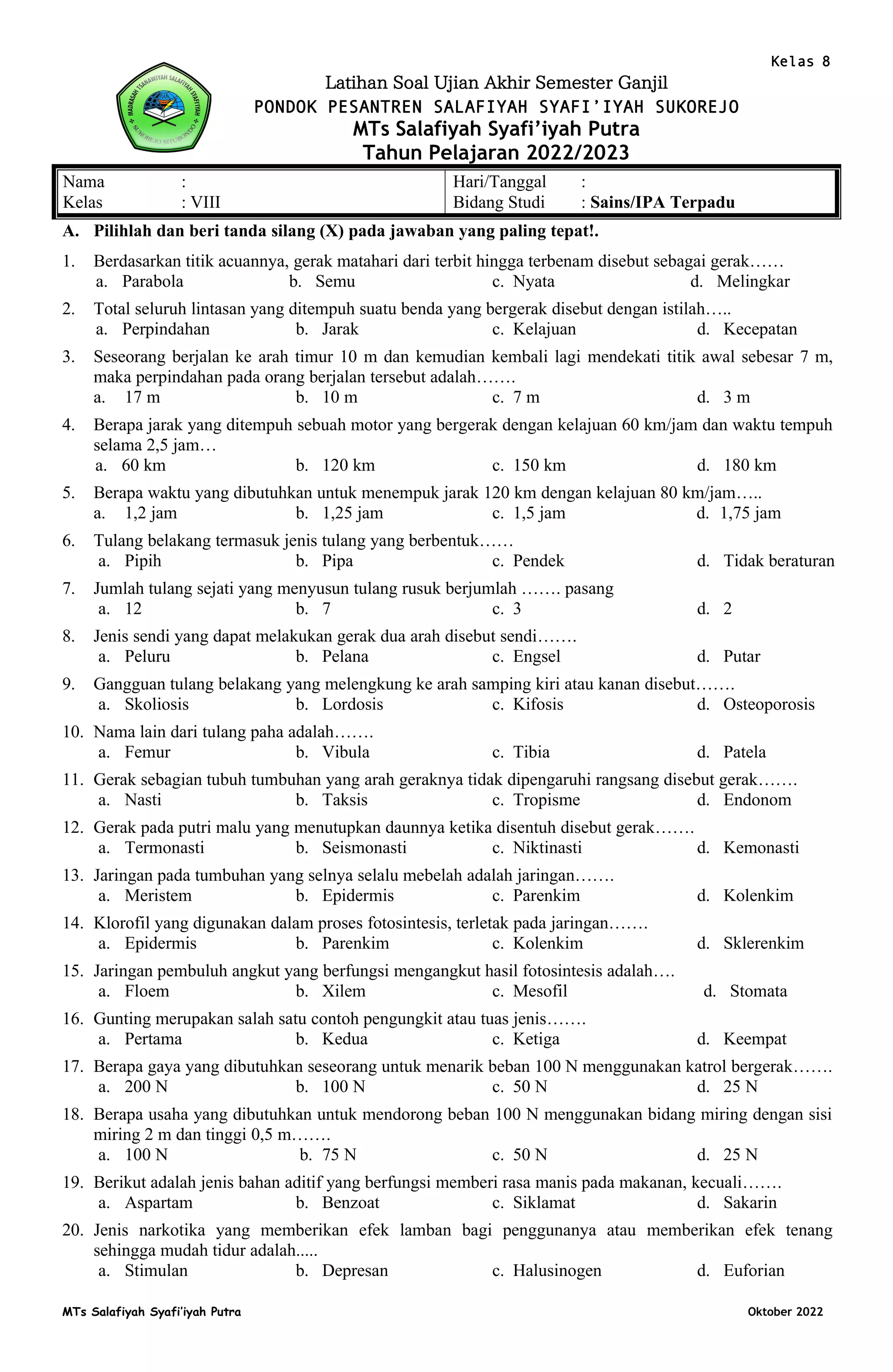 Latihan Soal Ujian Sem Ganjil IPA Kelas 8 MTs Salsyaf Pa Okt 2022.pdf