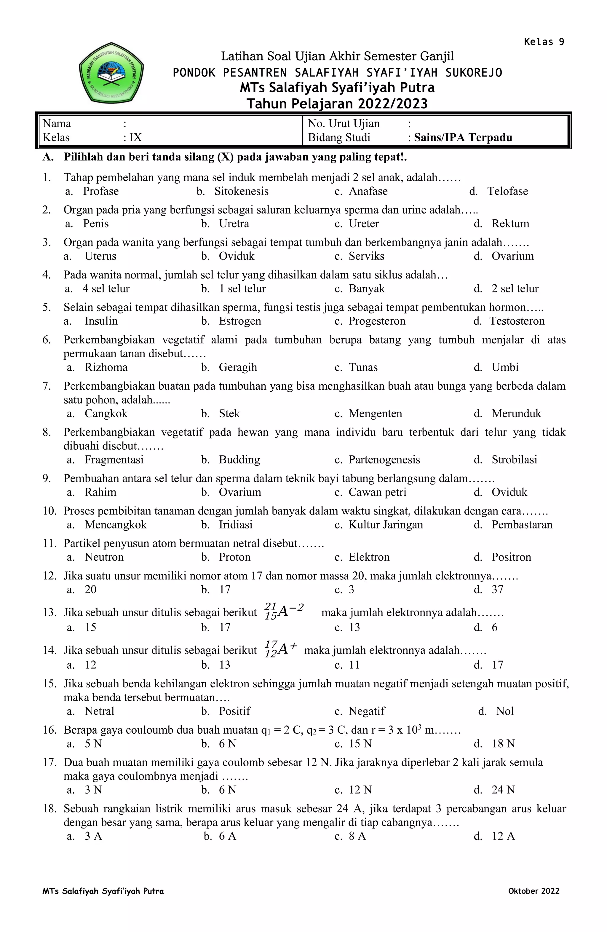 Latihan Soal Ujian Sem Ganjil IPA Kelas 9 MTs Salsyaf Pa Okt 2022.pdf