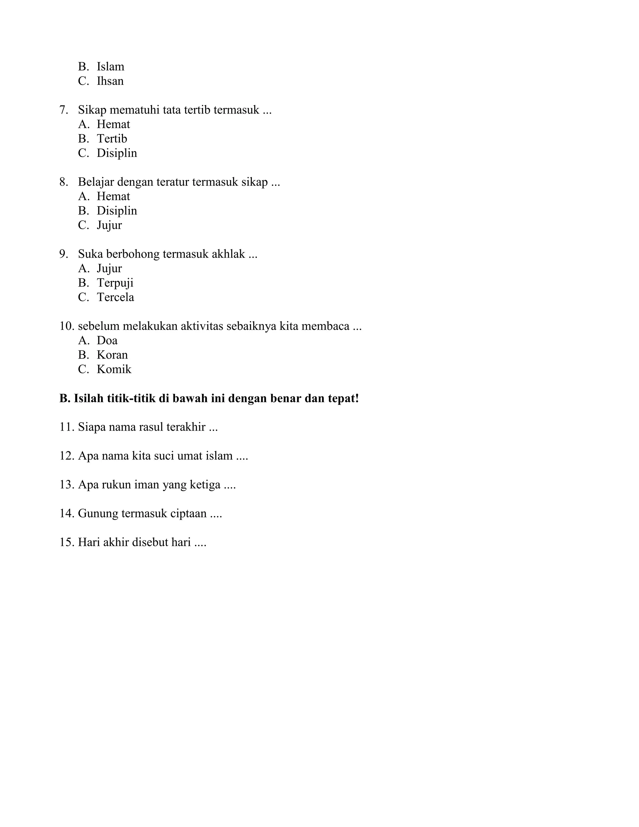 Latihan soal uts pai kelas 1 sd semester 1 | PDF