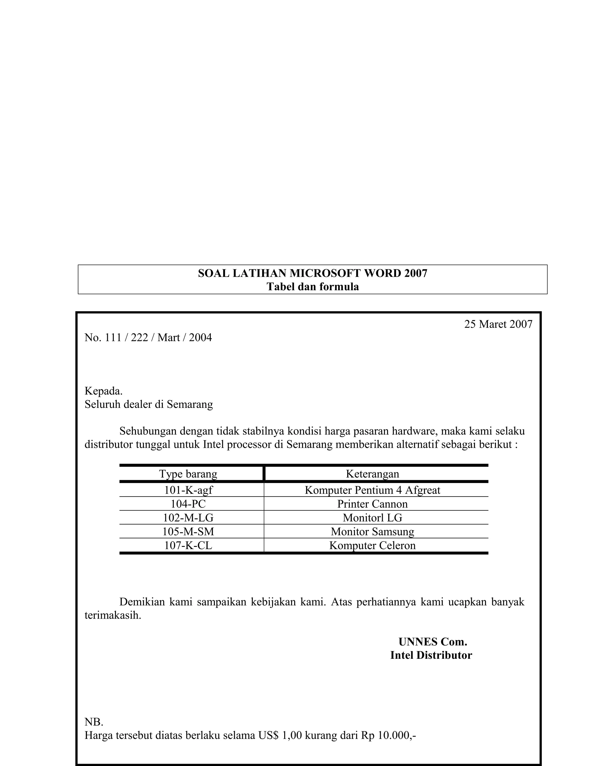Latihan soal word 2007 | DOC