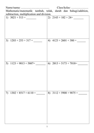 Latihan tambah, tolak, darab dan bahagi cuti rmo 2020 | PDF