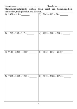 Latihan tambah, tolak, darab dan bahagi cuti rmo 2020 | PDF