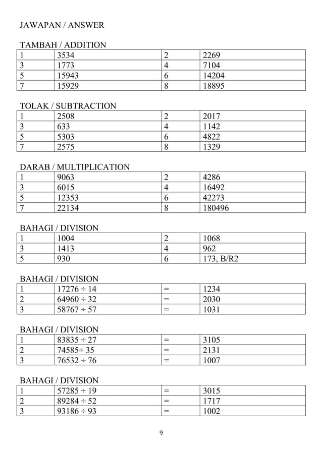 Latihan tambah, tolak, darab dan bahagi cuti rmo 2020 | PDF