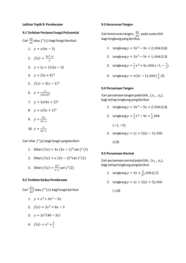 LATIHAN MATEMATIK TAMBAHAN TINGKATAN 4 BAB 9 (TAJUK:PEMBEZAAN) | DOCX