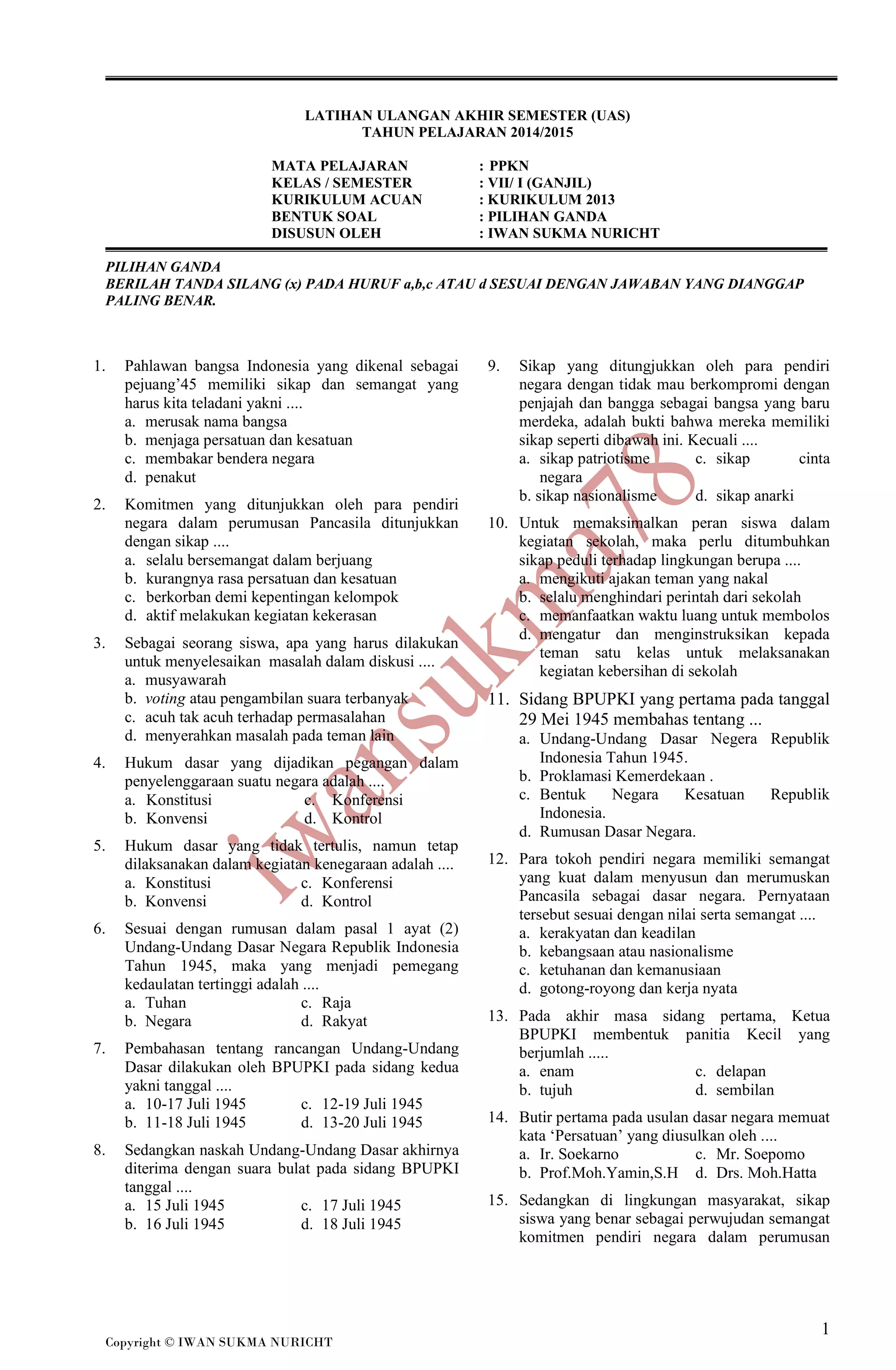 Latihan UAS PPKN SMP Kurikulum 2013 kelas 7 Tahun 2014 | PDF