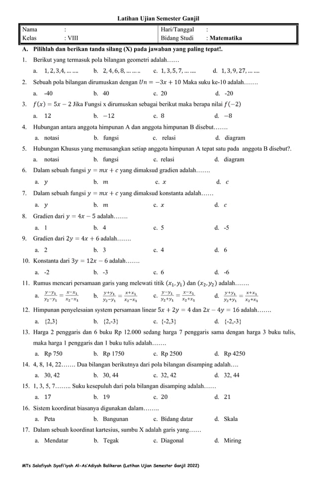 Latihan Ujian Semester Ganjil MTs Salsyaf Al-As'Adiyah Balikeran Kelas 8 | PDF