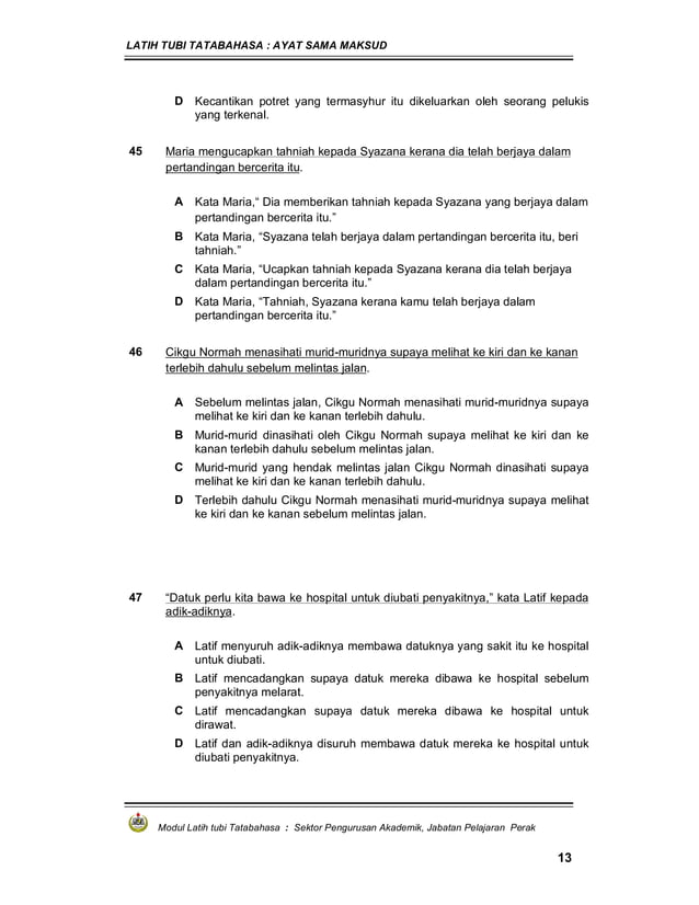Latih tubi tatabahasa ayat sama-maksud-berserta-jawapan | PDF