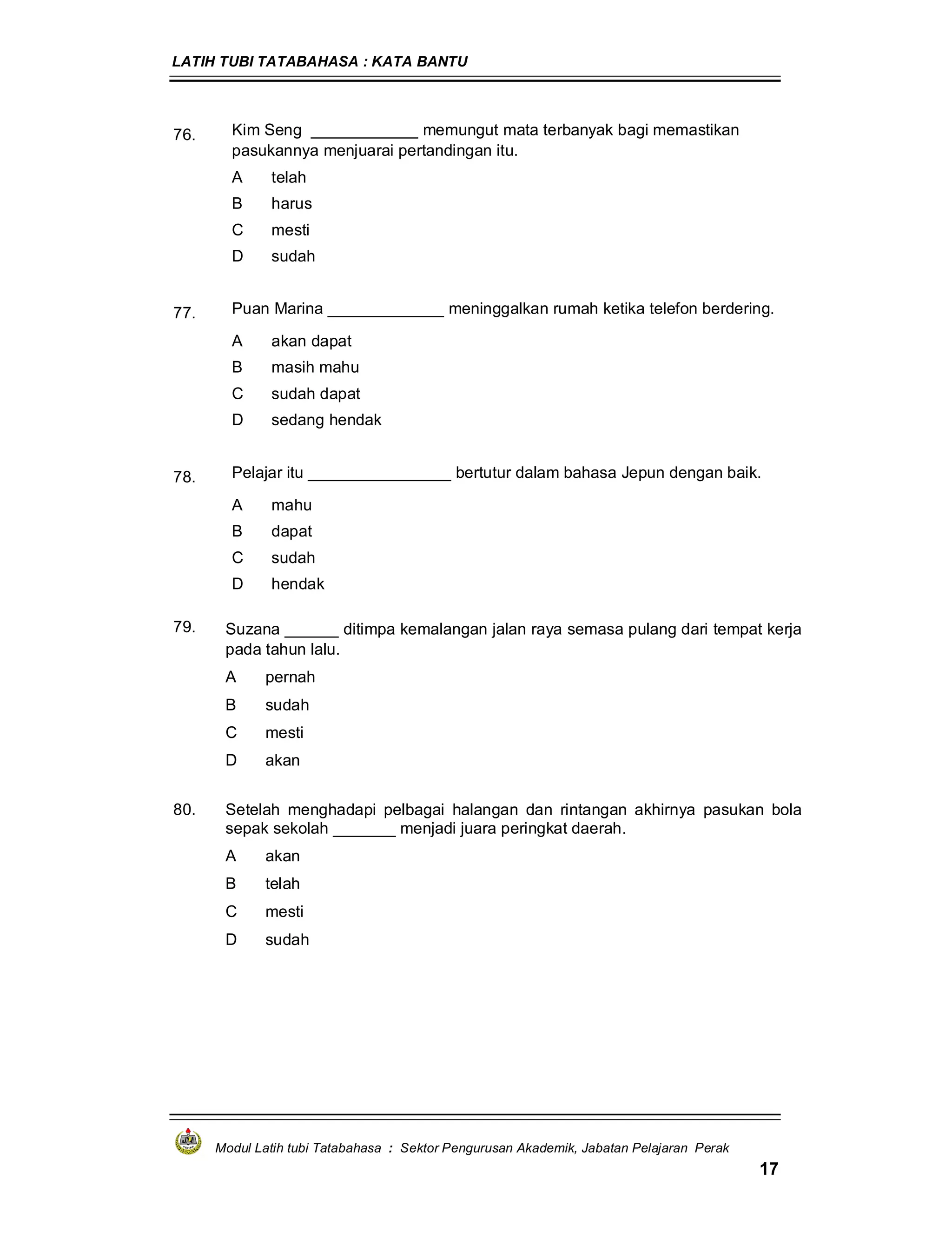 Latih tubi tatabahasa kata bantu-berserta-jawapan | PDF