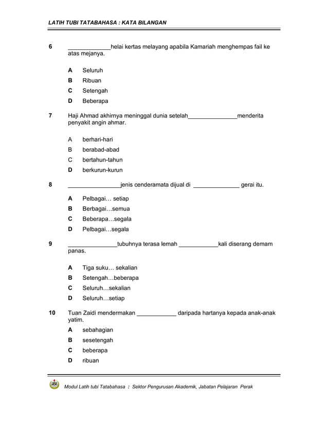Latih tubi tatabahasa kata bilangan-berserta-jawapan | PDF