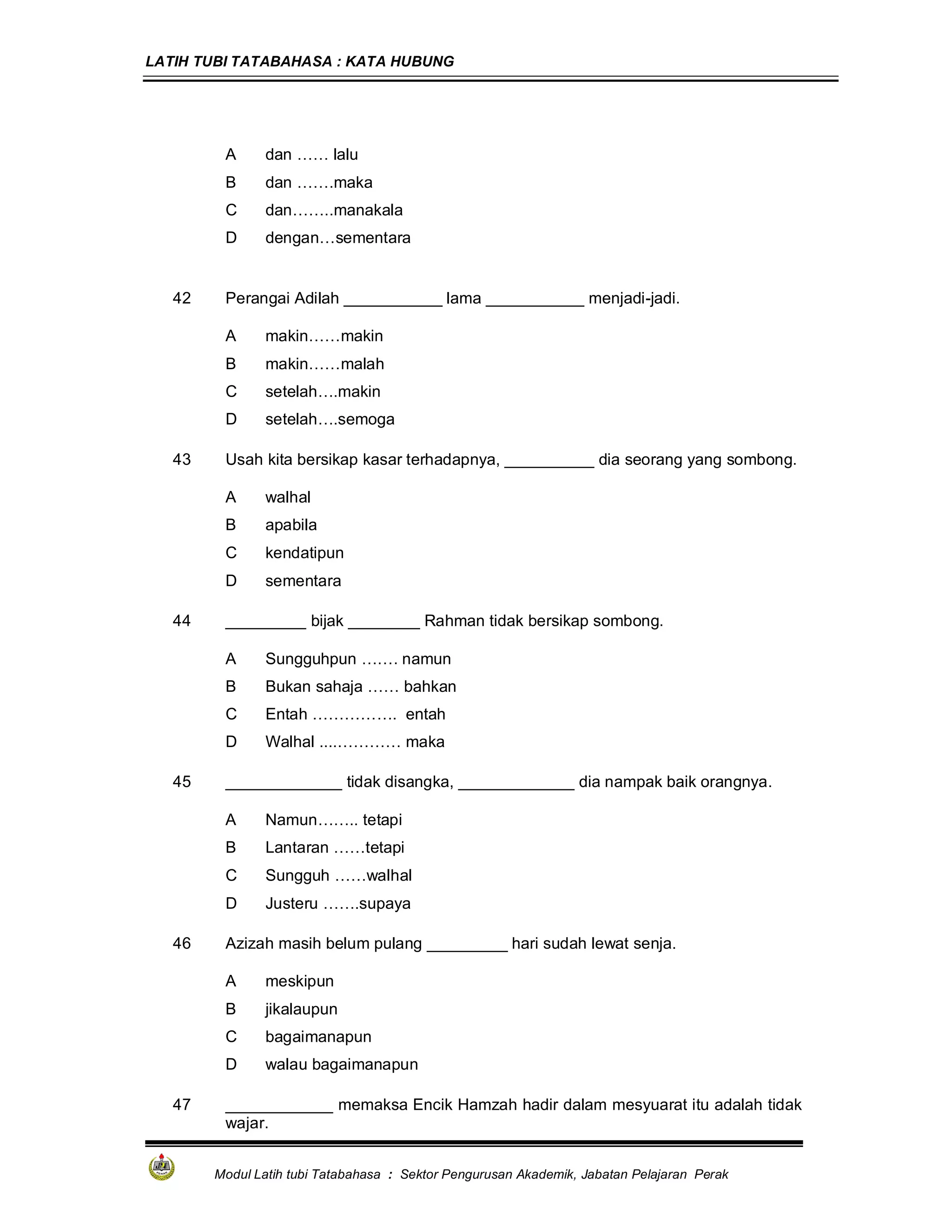 Latih tubi tatabahasa kata hubung-berserta-jawapan | PDF