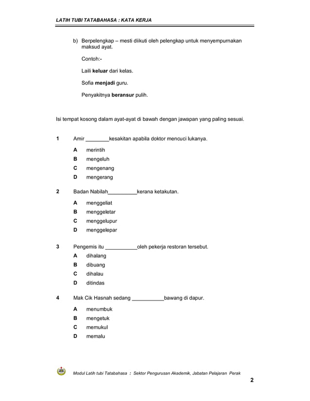Latih tubi tatabahasa kata kerja-berserta-jawapan | PDF