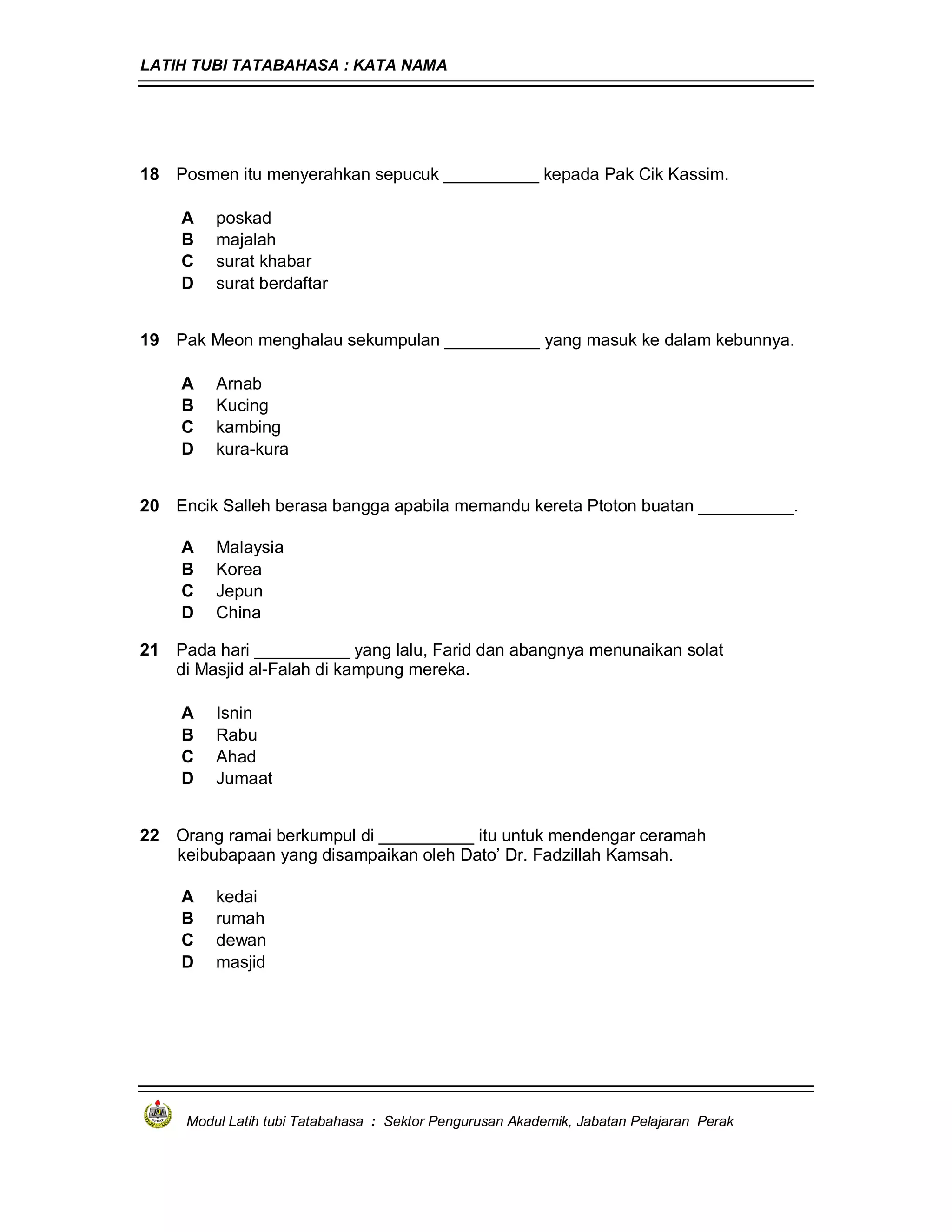 Latih tubi tatabahasa kata nama-berserta-jawapan | PDF