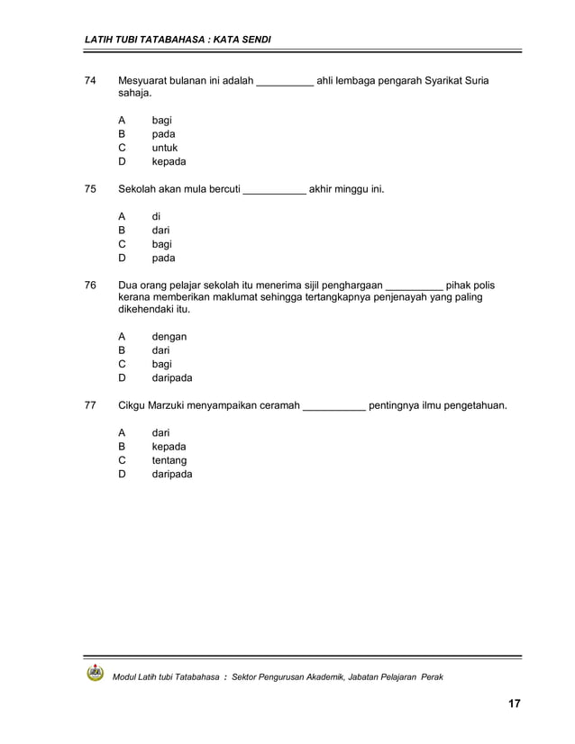 Latih tubi tatabahasa kata sendi-nama-beserta-jawapan | PDF