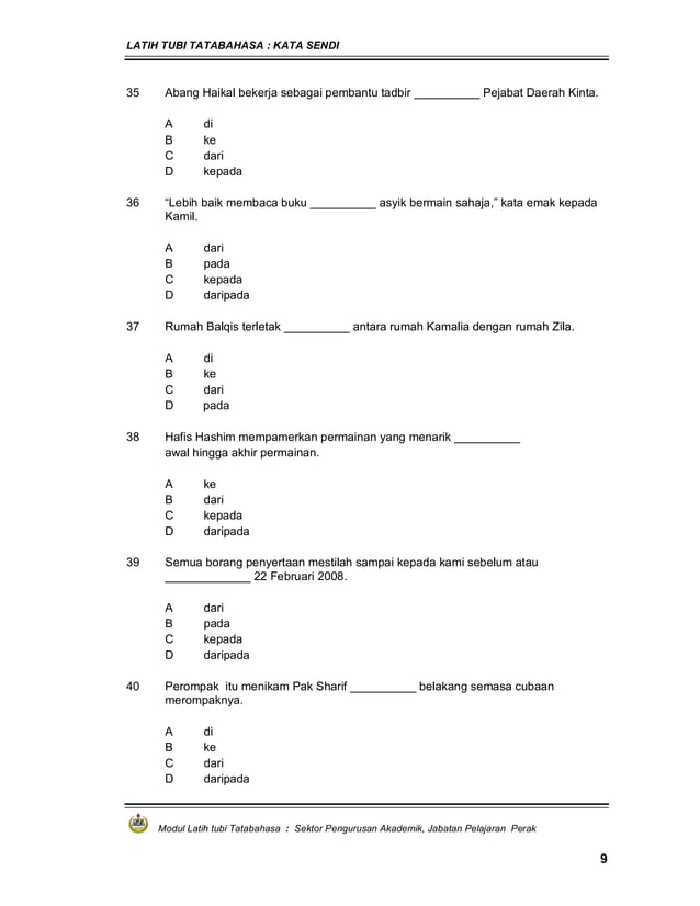 Latih tubi tatabahasa kata sendi-nama-beserta-jawapan | PDF
