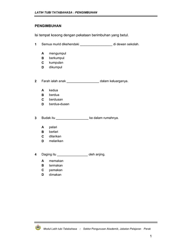 Latih tubi tatabahasa pengimbuhan berserta-jawapan | PDF