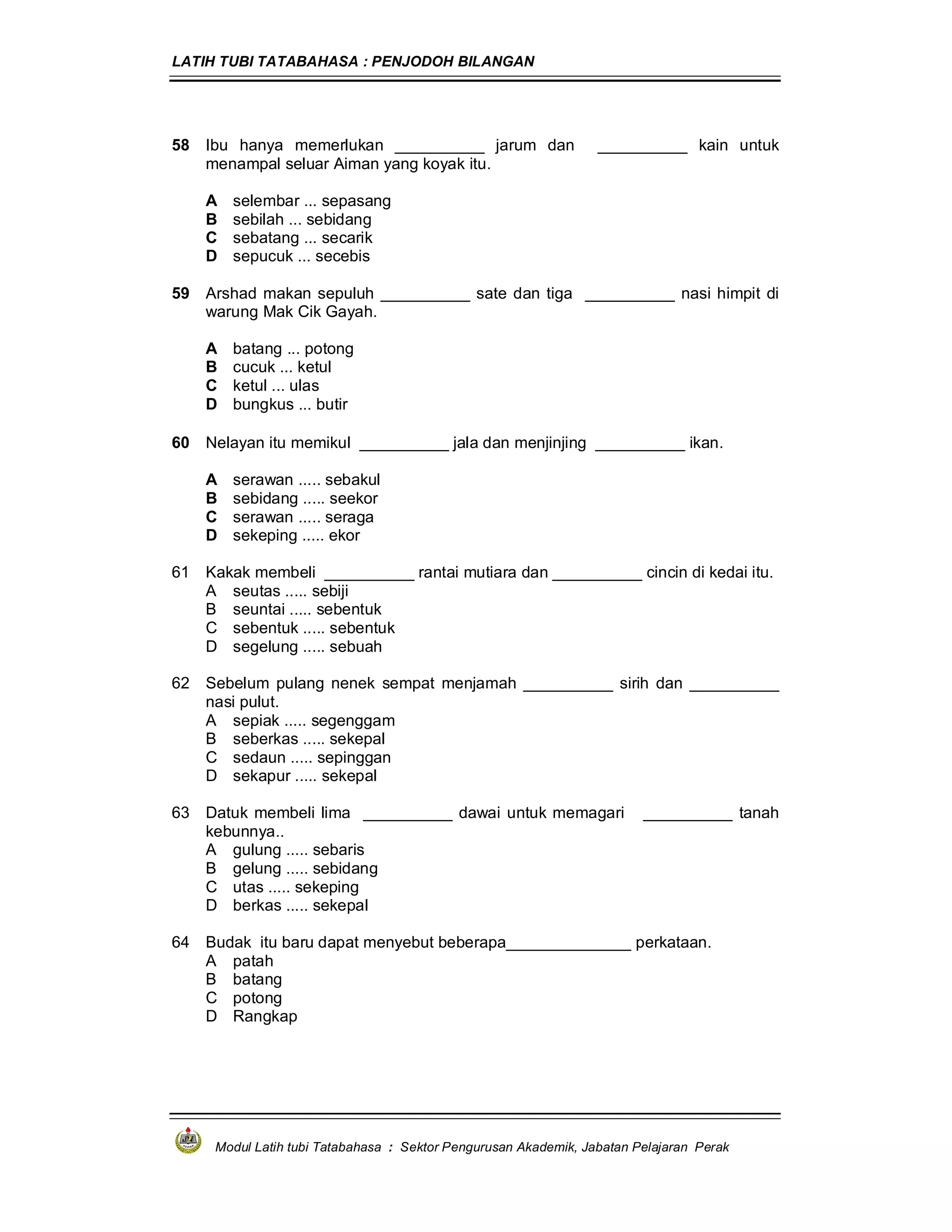 Latih tubi tatabahasa penjodoh bilangan-berserta-jawapan | PDF