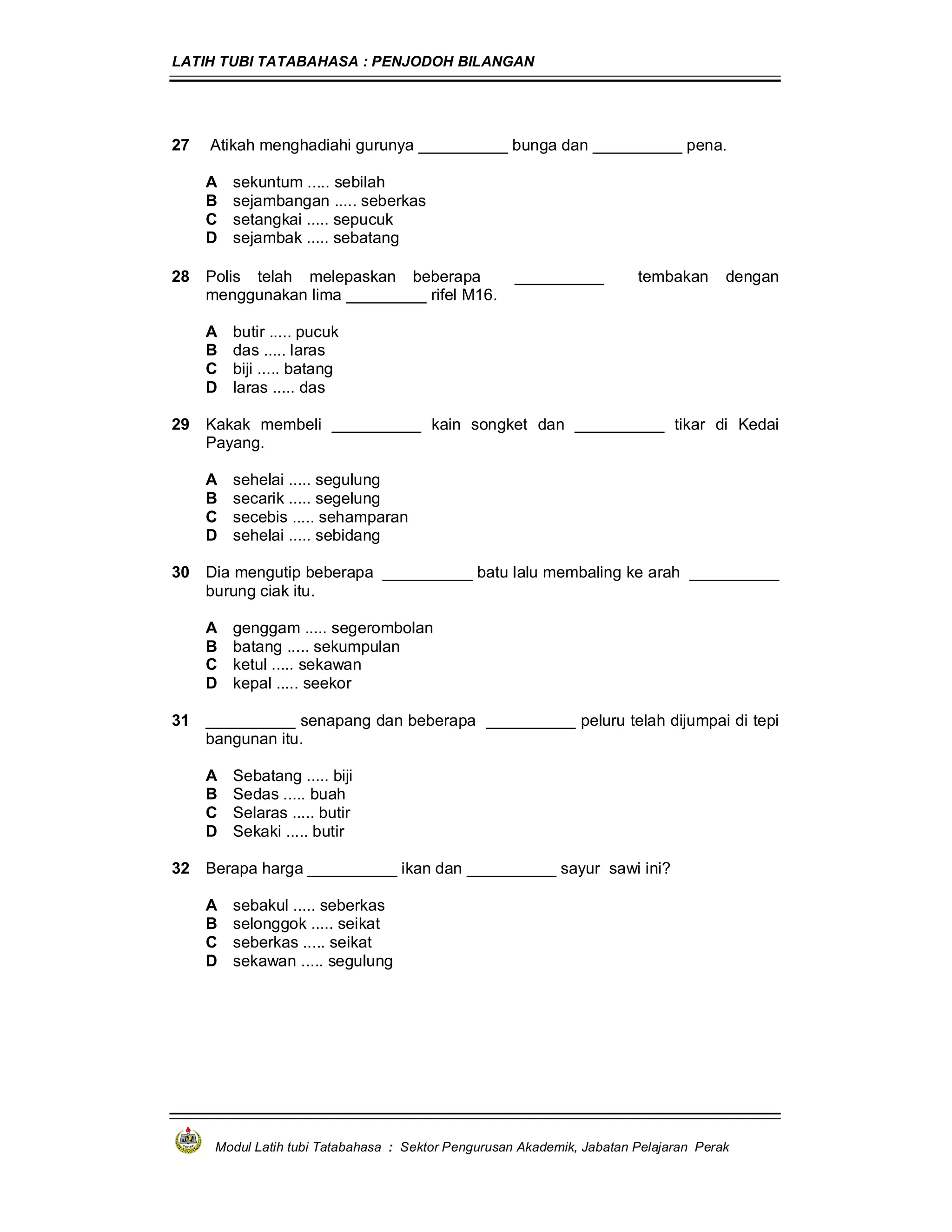 Latih tubi tatabahasa penjodoh bilangan-berserta-jawapan | PDF