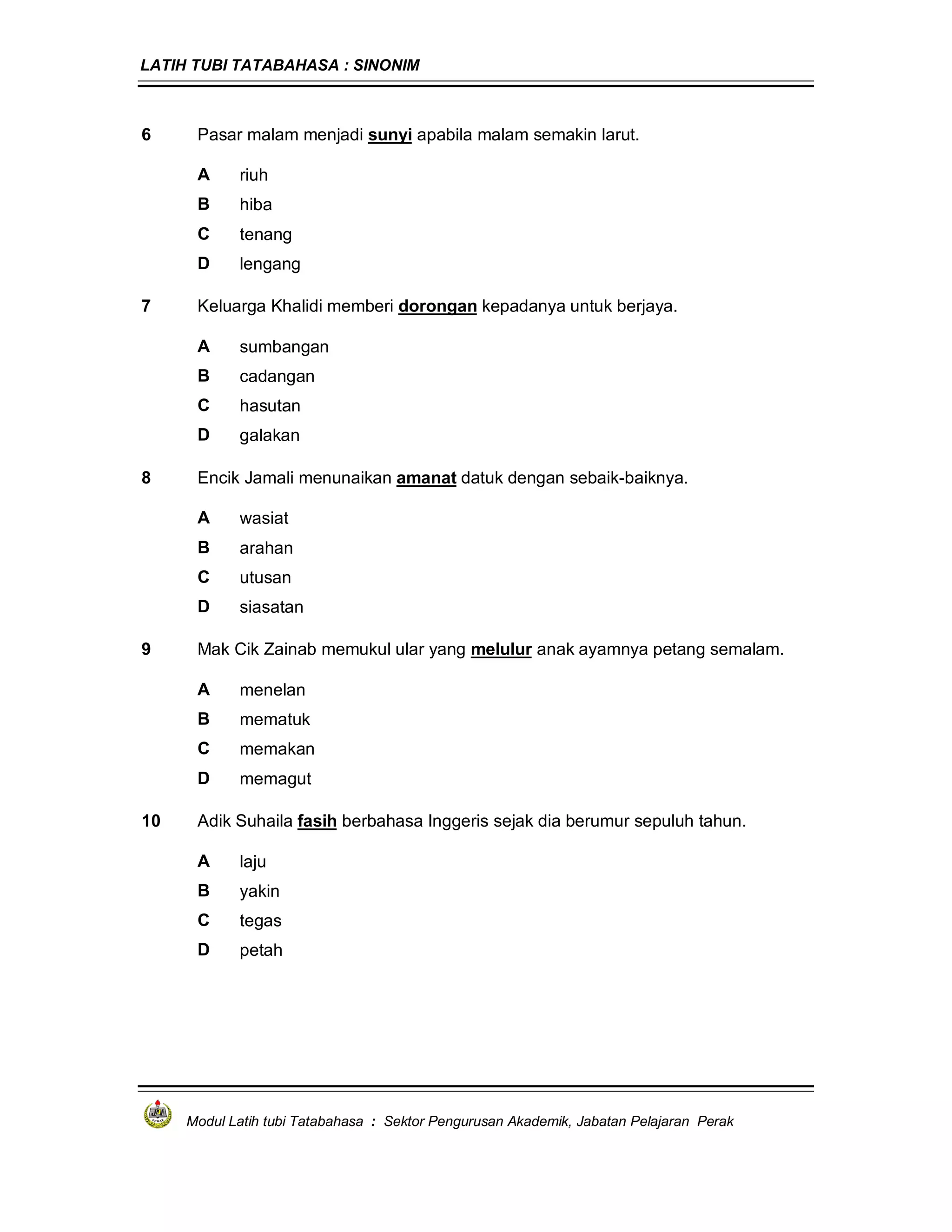 Latih tubi tatabahasa sinonim berserta-jawapan | PDF