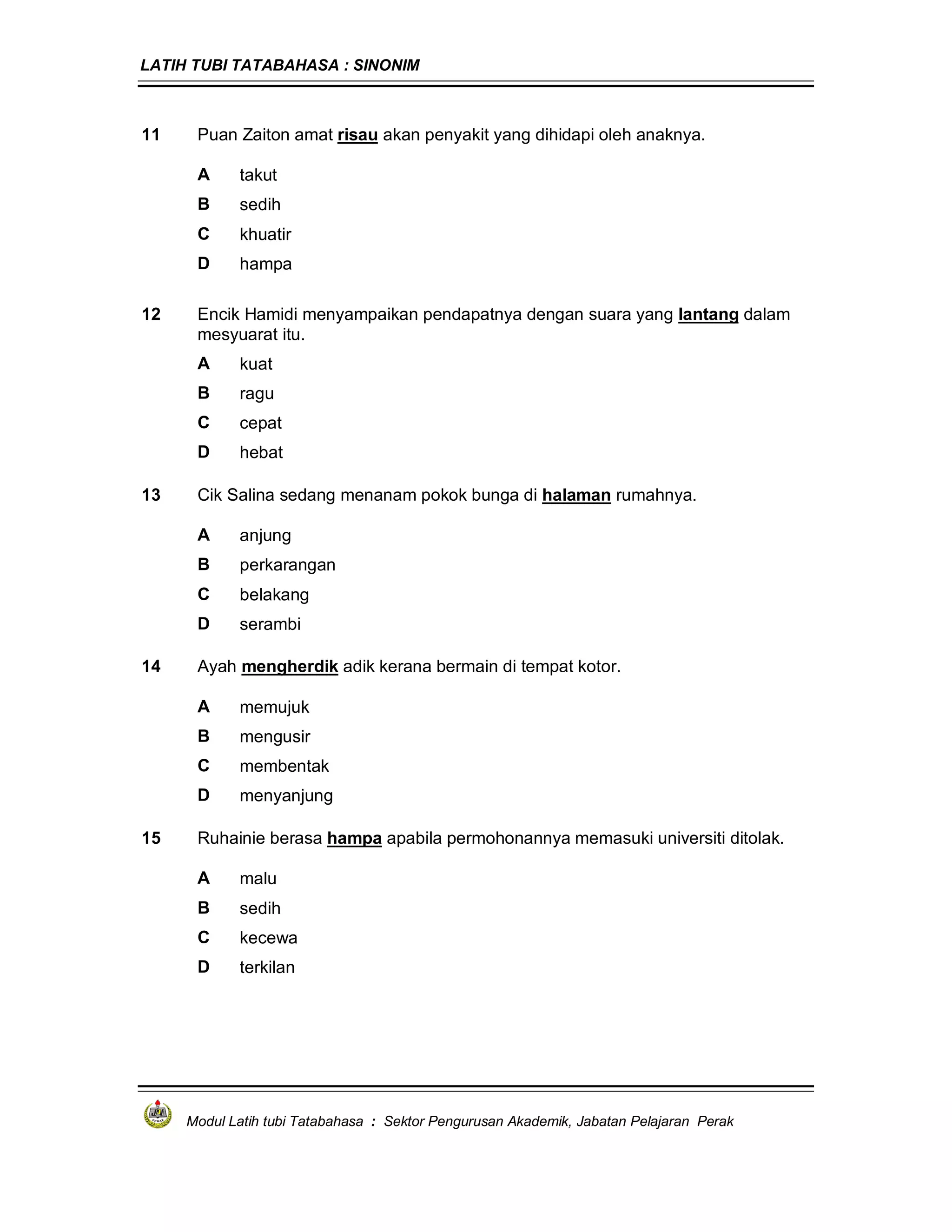 Latih tubi tatabahasa sinonim berserta-jawapan | PDF