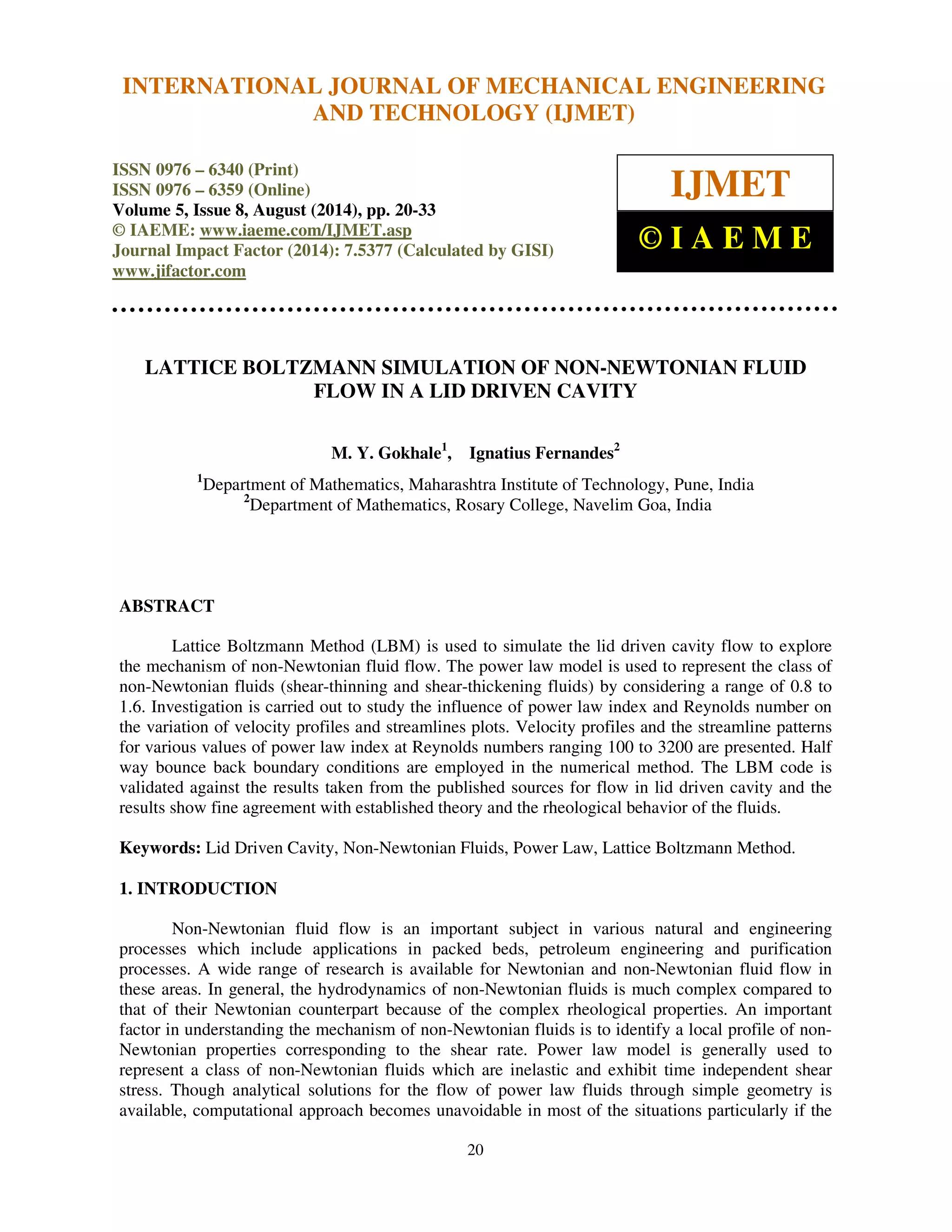 LATTICE BOLTZMANN SIMULATION OF NON-NEWTONIAN FLUID FLOW IN A LID DRIVEN CAVITY | PDF