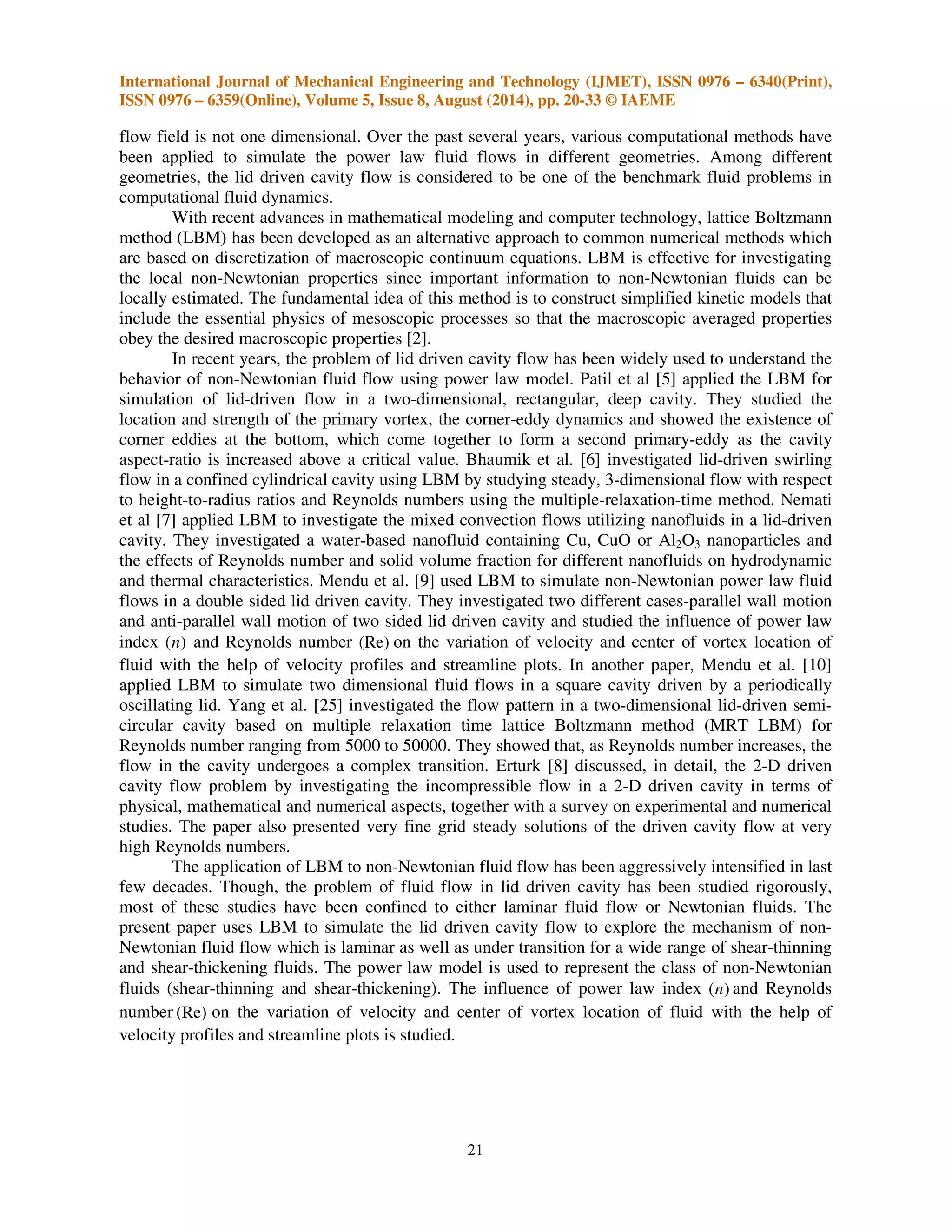 Lattice Boltzmann Simulation Of Non Newtonian Fluid Flow In A Lid Driven Cavity Pdf