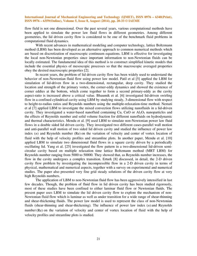 LATTICE BOLTZMANN SIMULATION OF NON-NEWTONIAN FLUID FLOW IN A LID DRIVEN CAVITY | PDF
