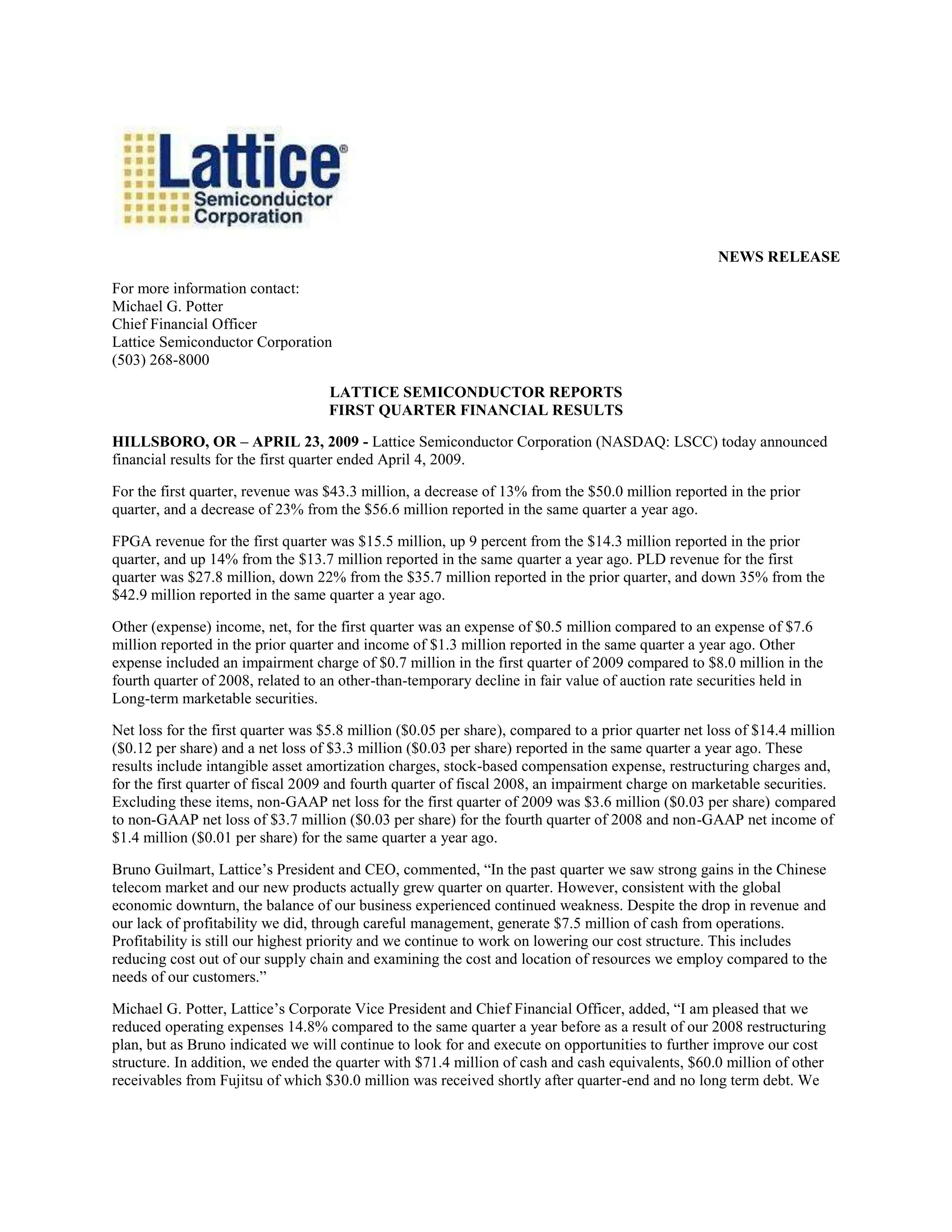 Q1 2009 Earning Report of Lattice Semiconductor | PDF