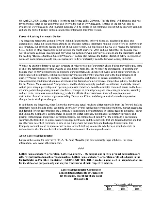 Q1 2009 Earning Report of Lattice Semiconductor | PDF