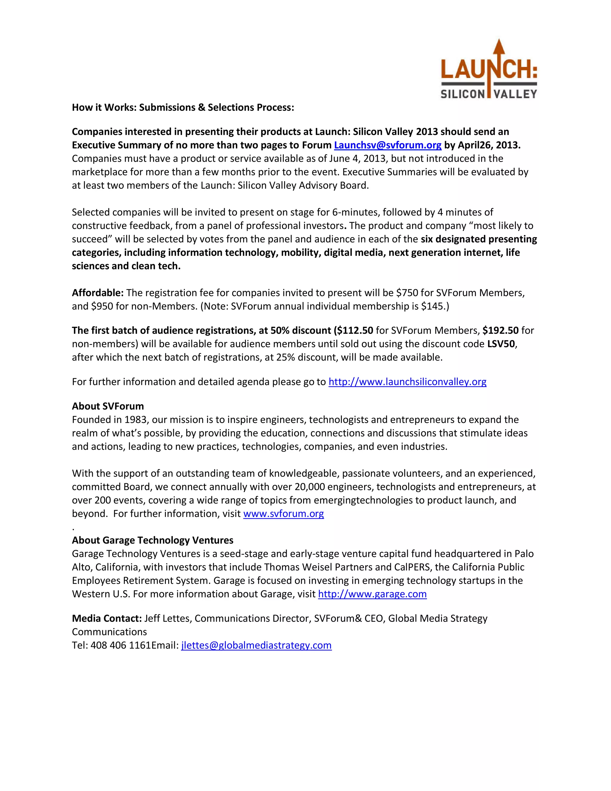 Launch: Silicon Valley 2013, High-Value, High -Visibility Product Launch Event for Emerging ...