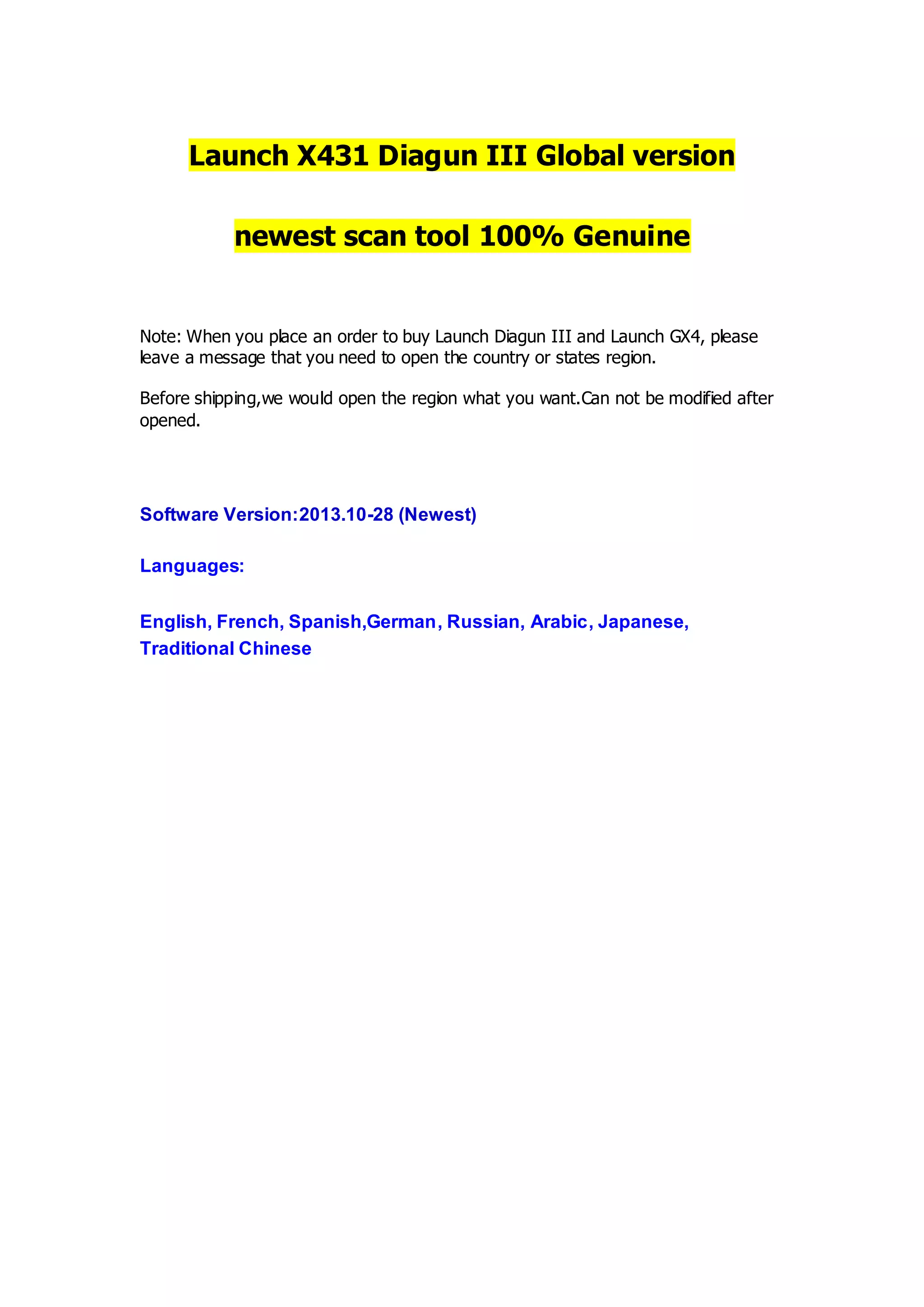 Launch x431 diagun iii global version newest scan tool 100% genuine | PDF
