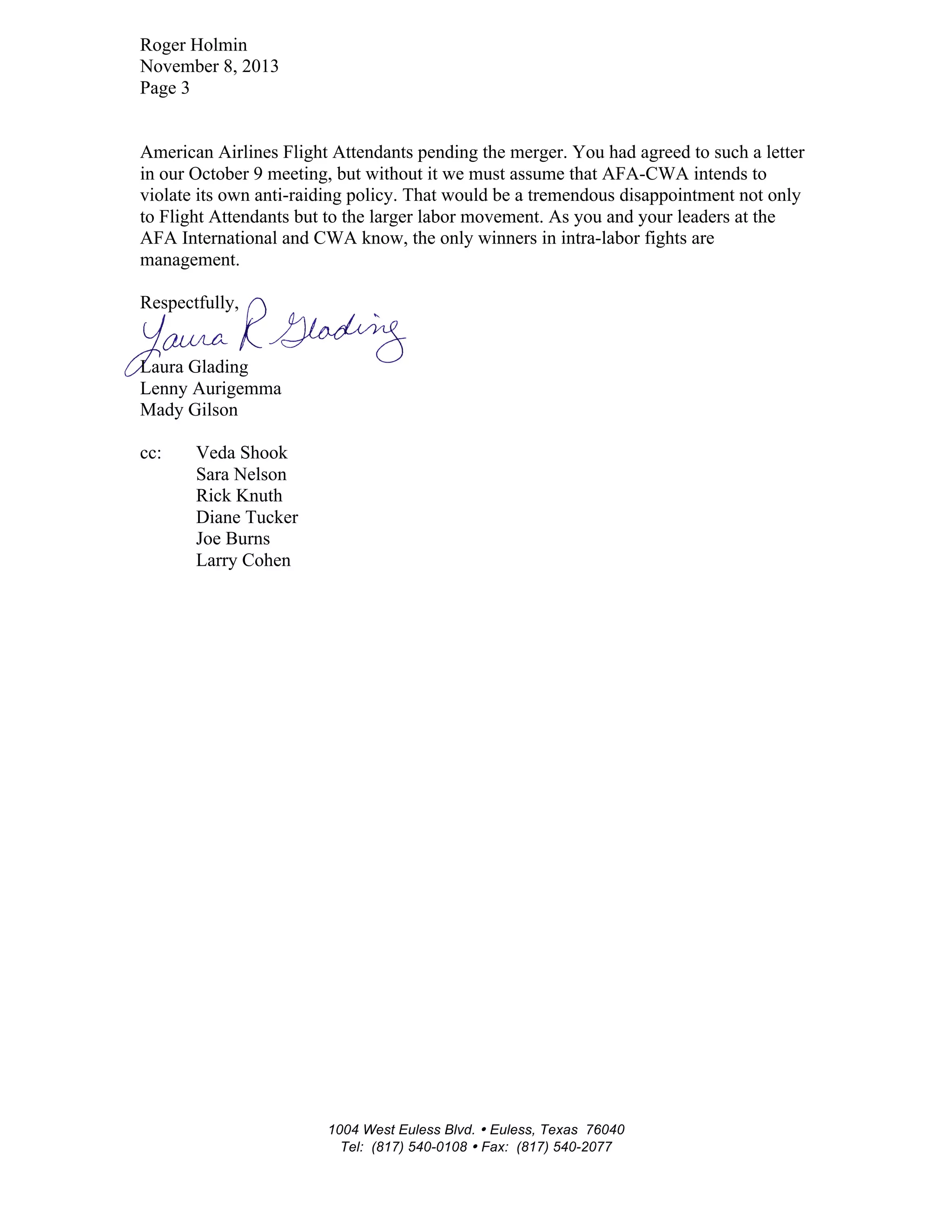 Laura glading-roger-holmin-letter-110813 | PDF | Mergers and ...