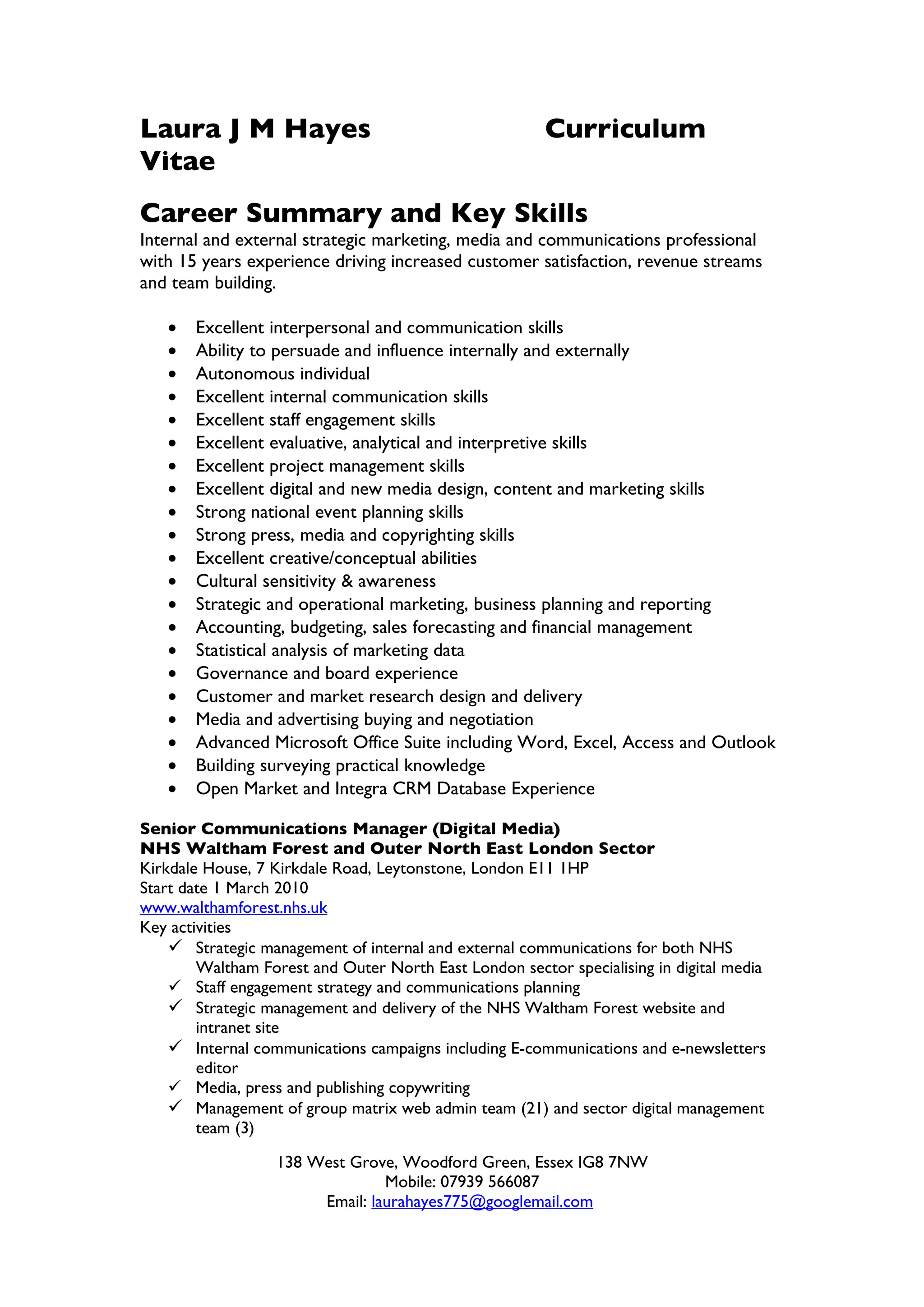 Laura Hayes Cv Sept10v2 | DOC