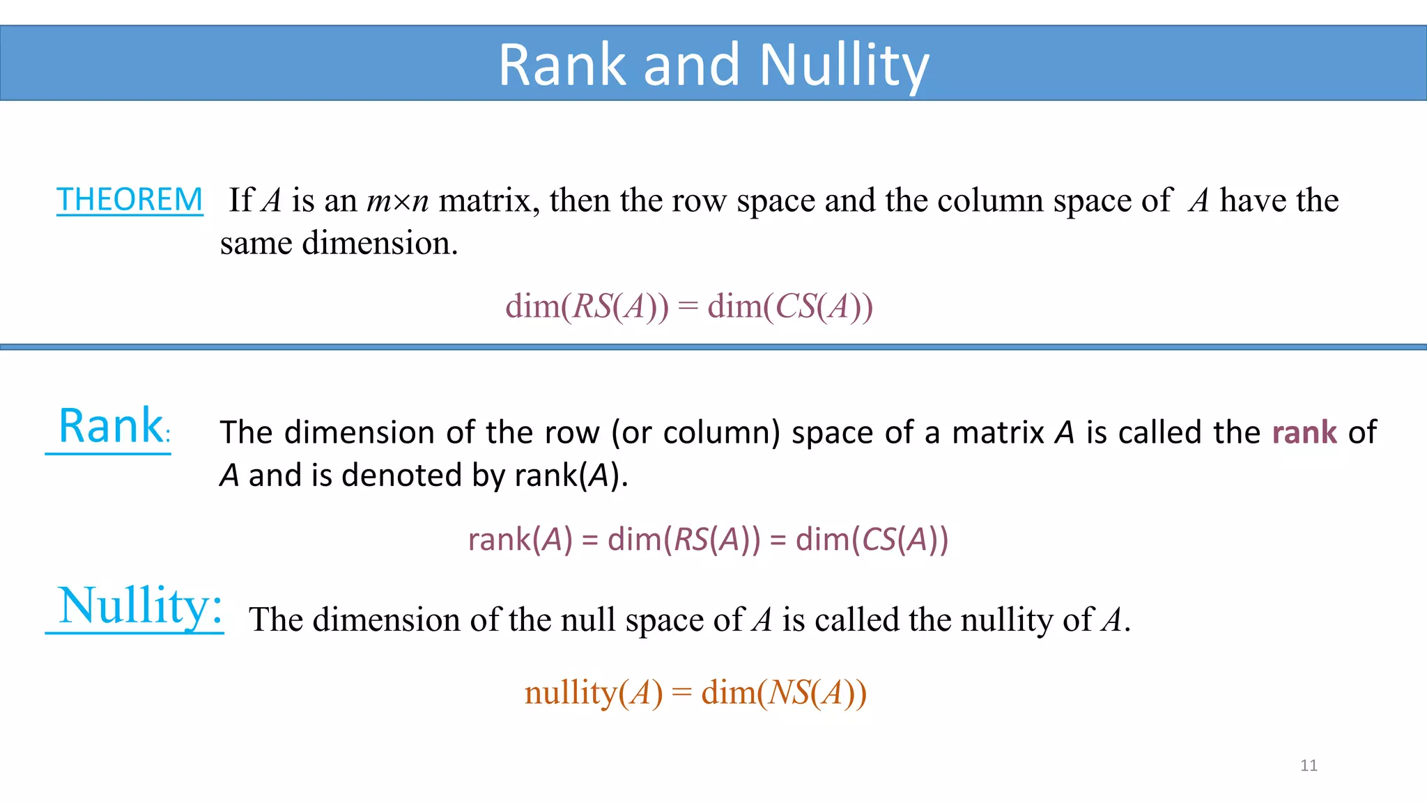 Row space | Column Space | Null space | Rank | Nullity | PPTX
