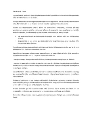 “La vida en las aulas” de philip w. jackson. | DOCX