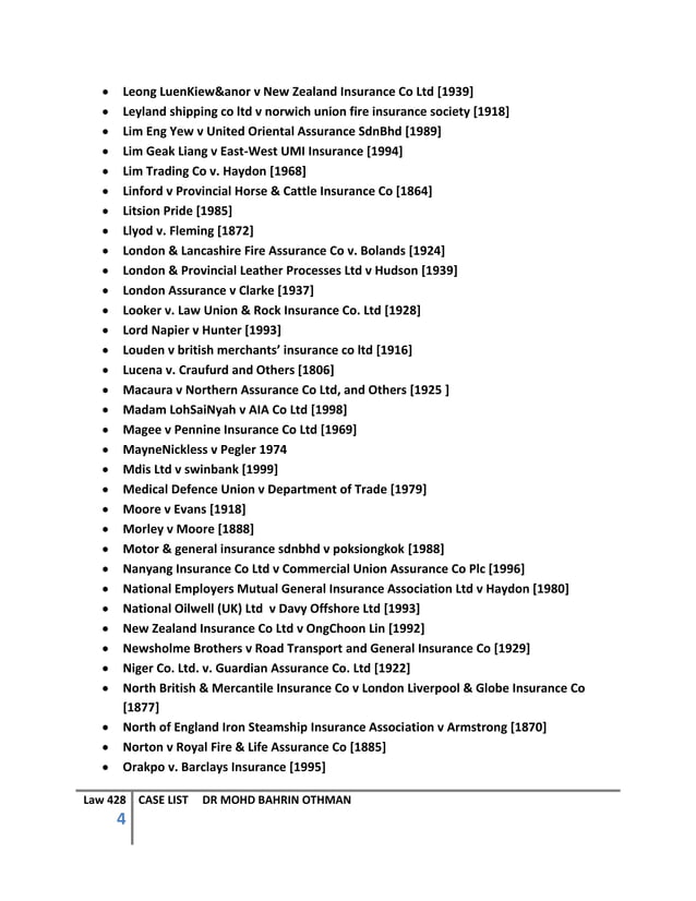 Insurance Law - Law 428 case list | DOCX