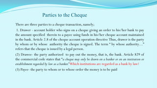 Laws in relation to cheque: Lecture Note | PDF