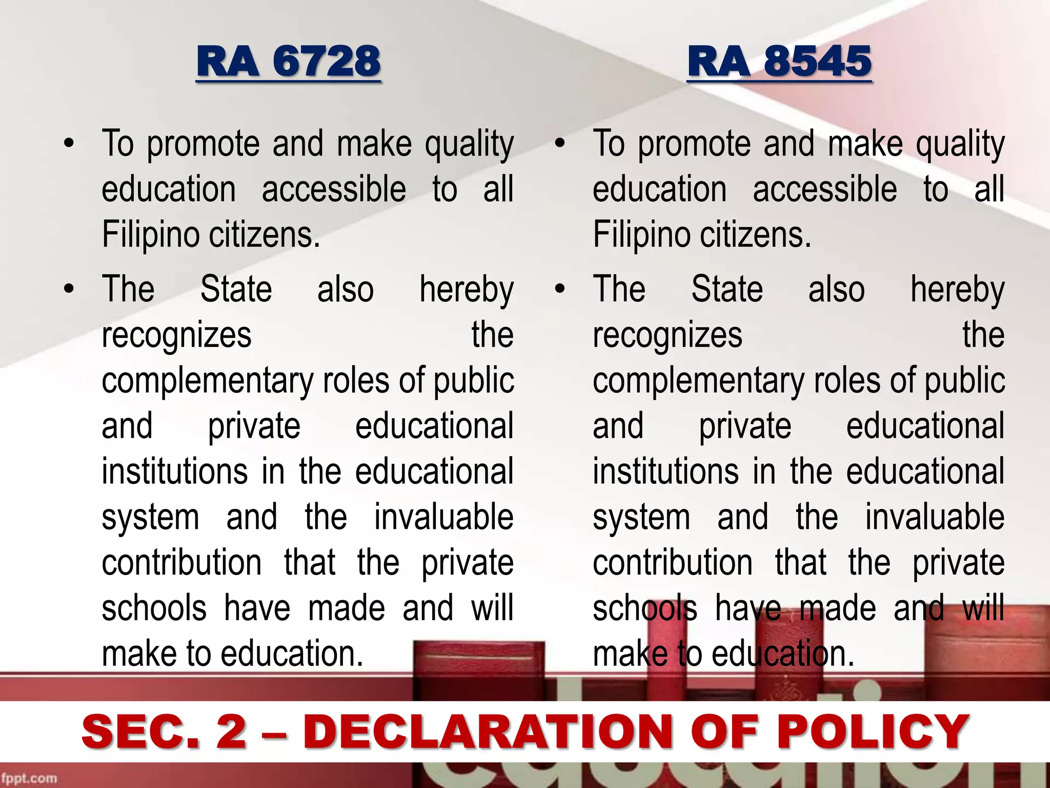 Levie M. Discaya - Comparative Analysis of R.A. 6728 and R.A.8545 | PPTX
