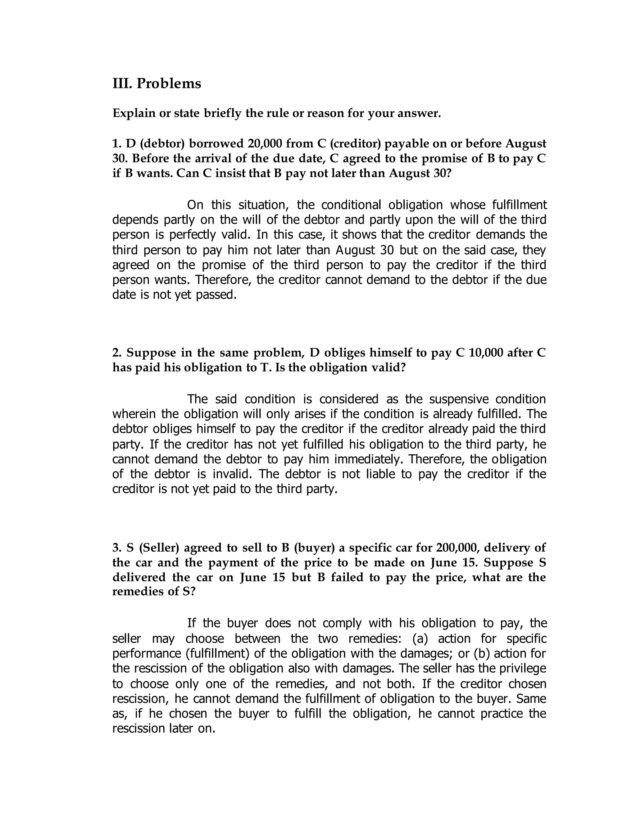 Law On Obligations and Contracts (midterm exam) | DOCX