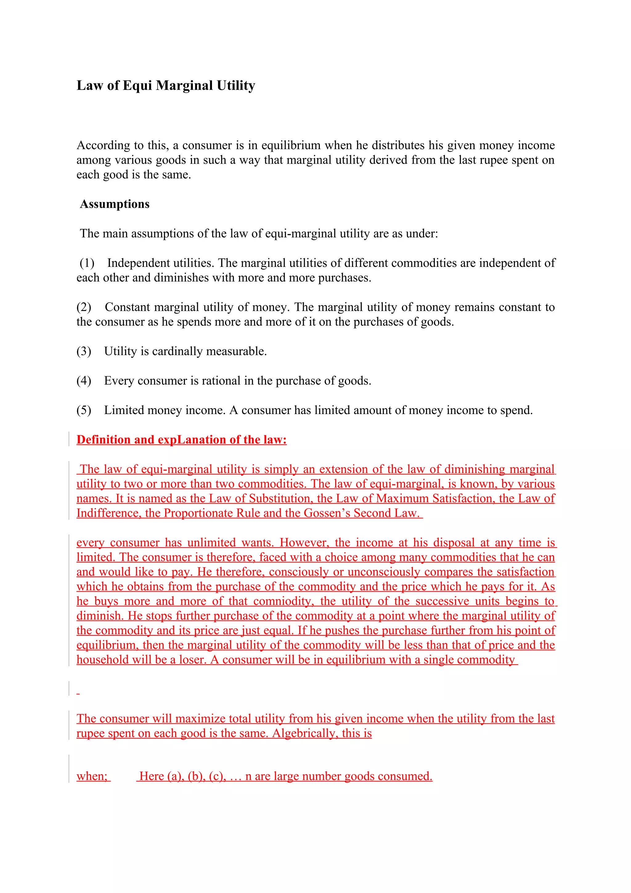 Law Of Equi Marginal Utility | DOC