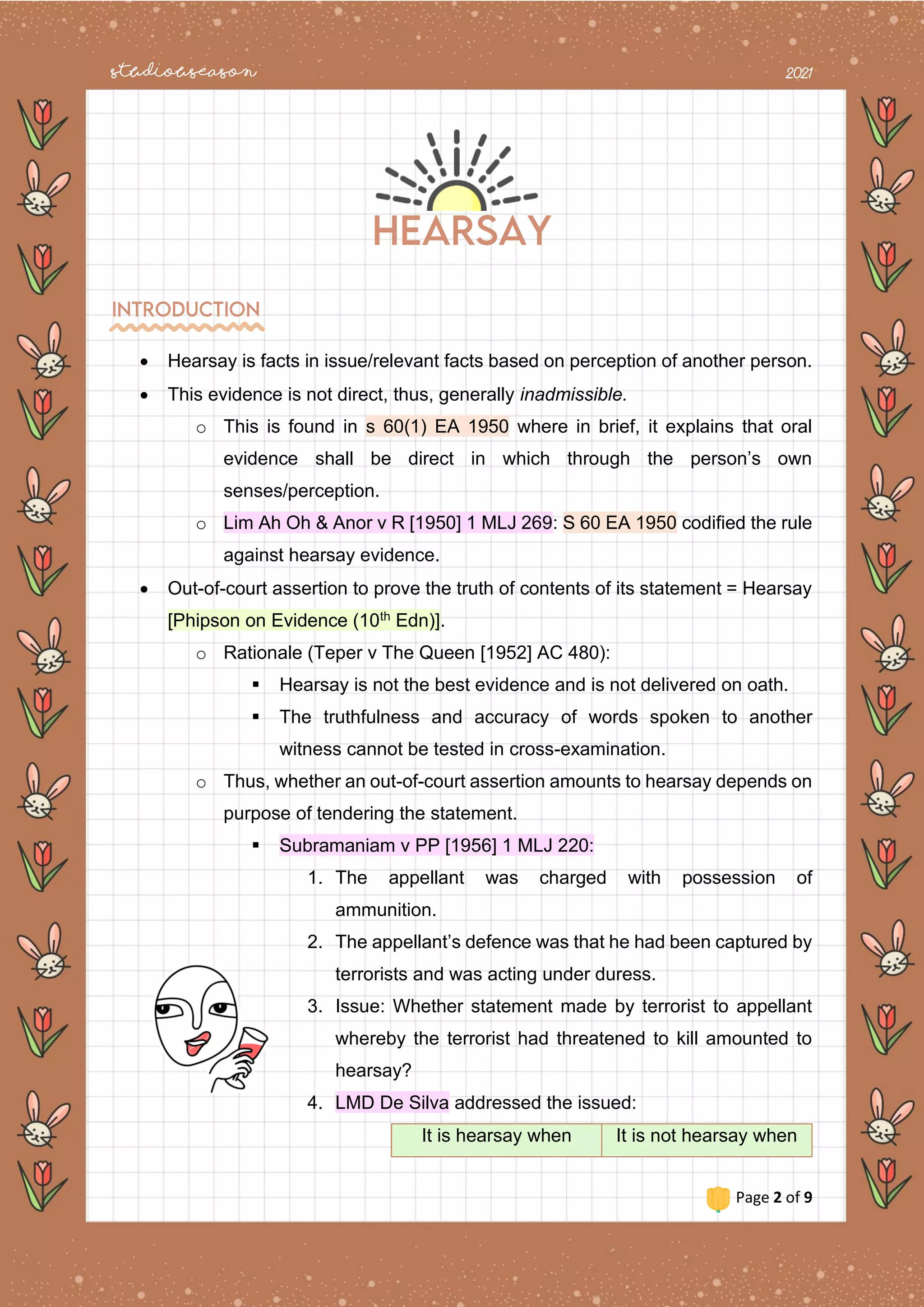 Law of Evidence I - Hearsay Notes (Studiouseason) | PDF