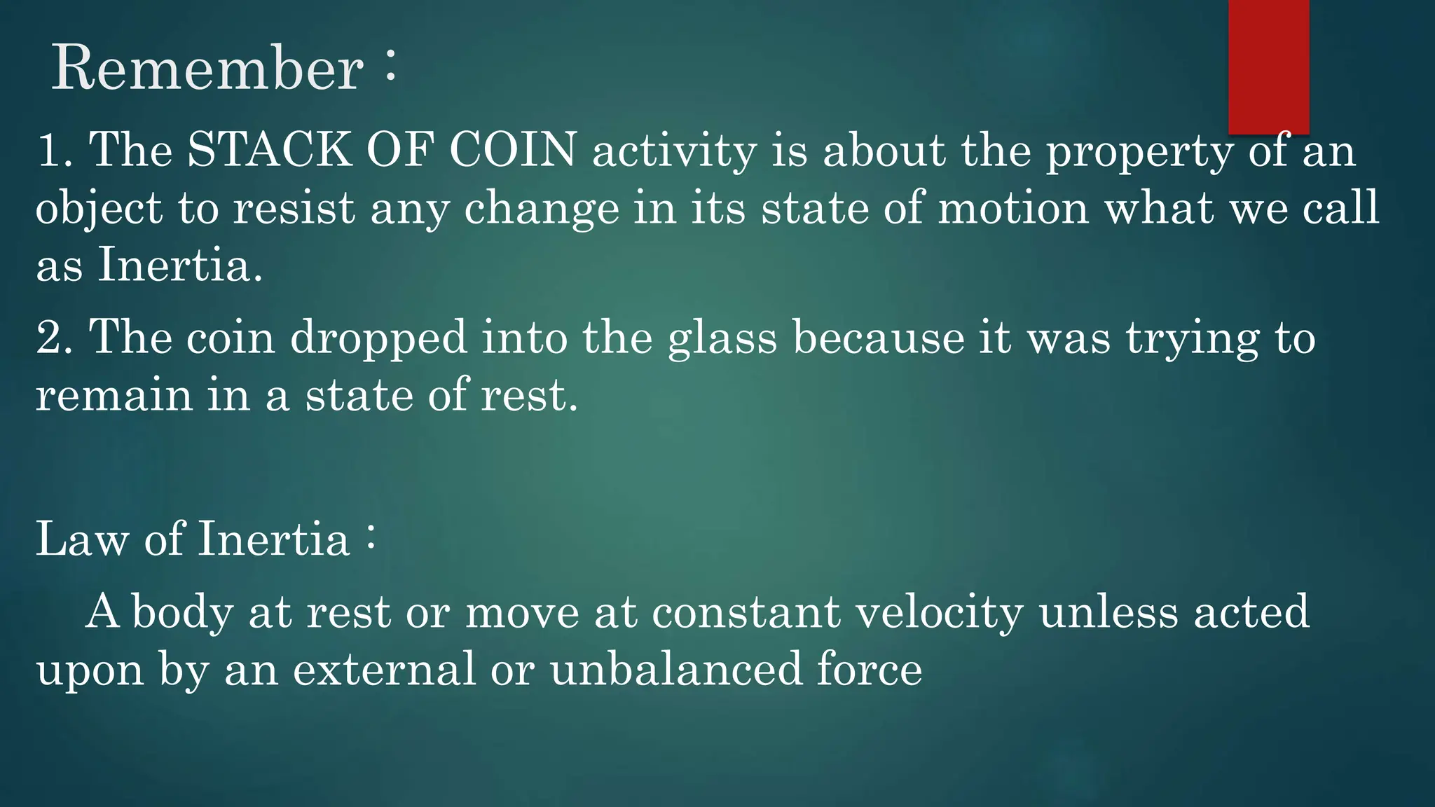 LAW OF INERTIA.pptx first law of motion by Isaac Newton (First Quarter ...